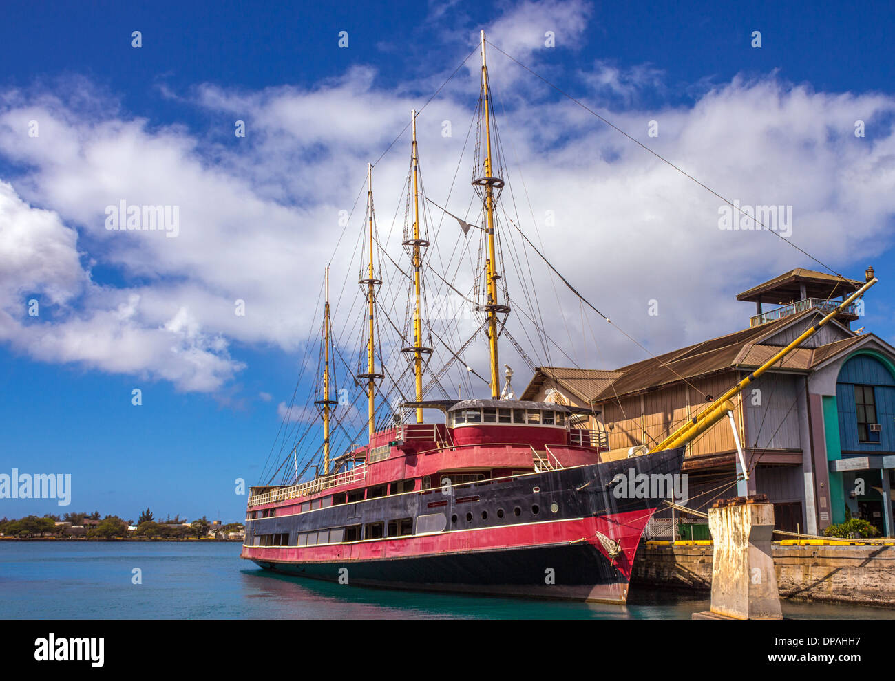 Four-masted shipping vessel docked in the Port of Honolulu on Oahu ...