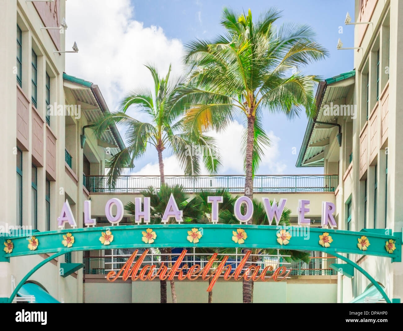The sign at the entrance to the Aloha Tower Marketplace, a popular ...