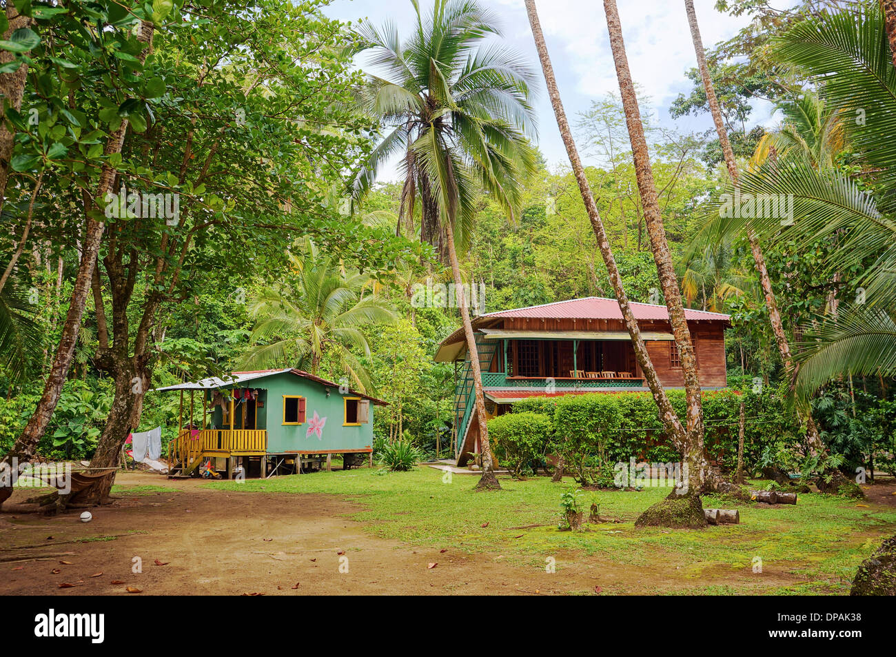 Caribbean house and hut with tropical vegetation, Gandoca Manzanillo ...