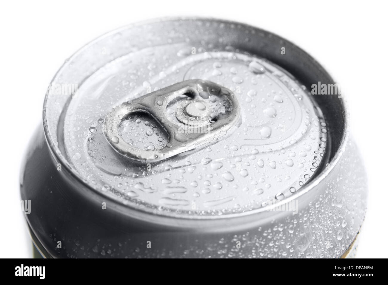 Close-up of metallic beer or soda can on white background. Metal can ...