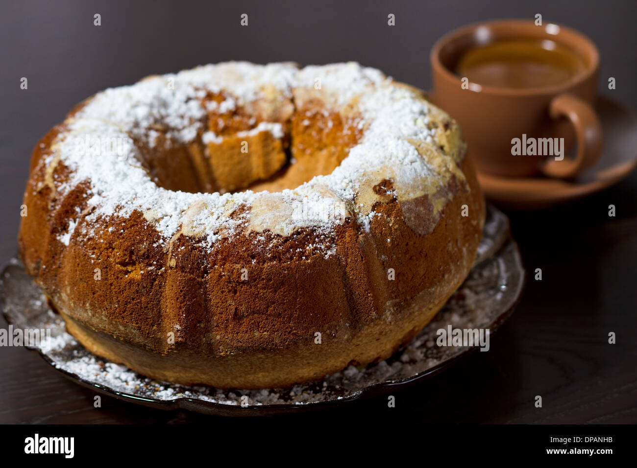 Round cake with sugar top and coffee. Traditional cuisine Stock Photo ...