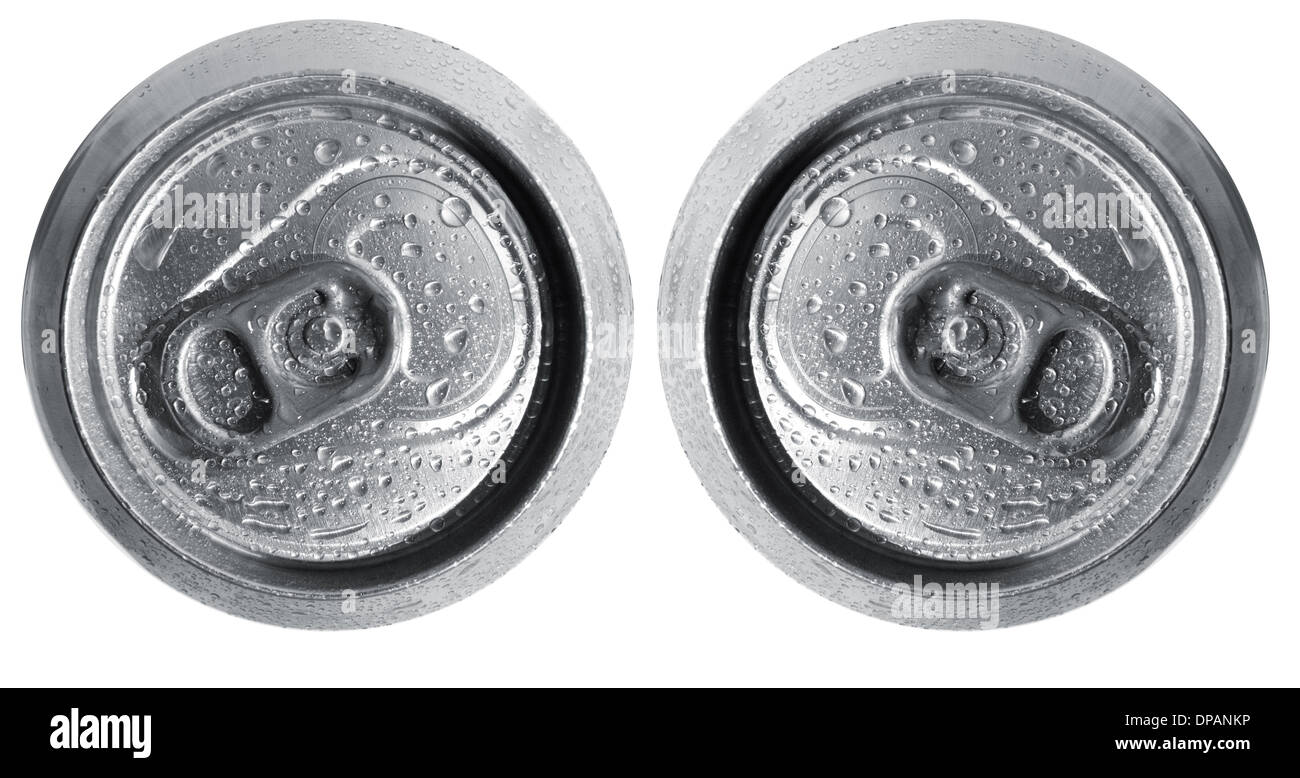 Close-up of metallic beer or soda can on white background. Metal can ...