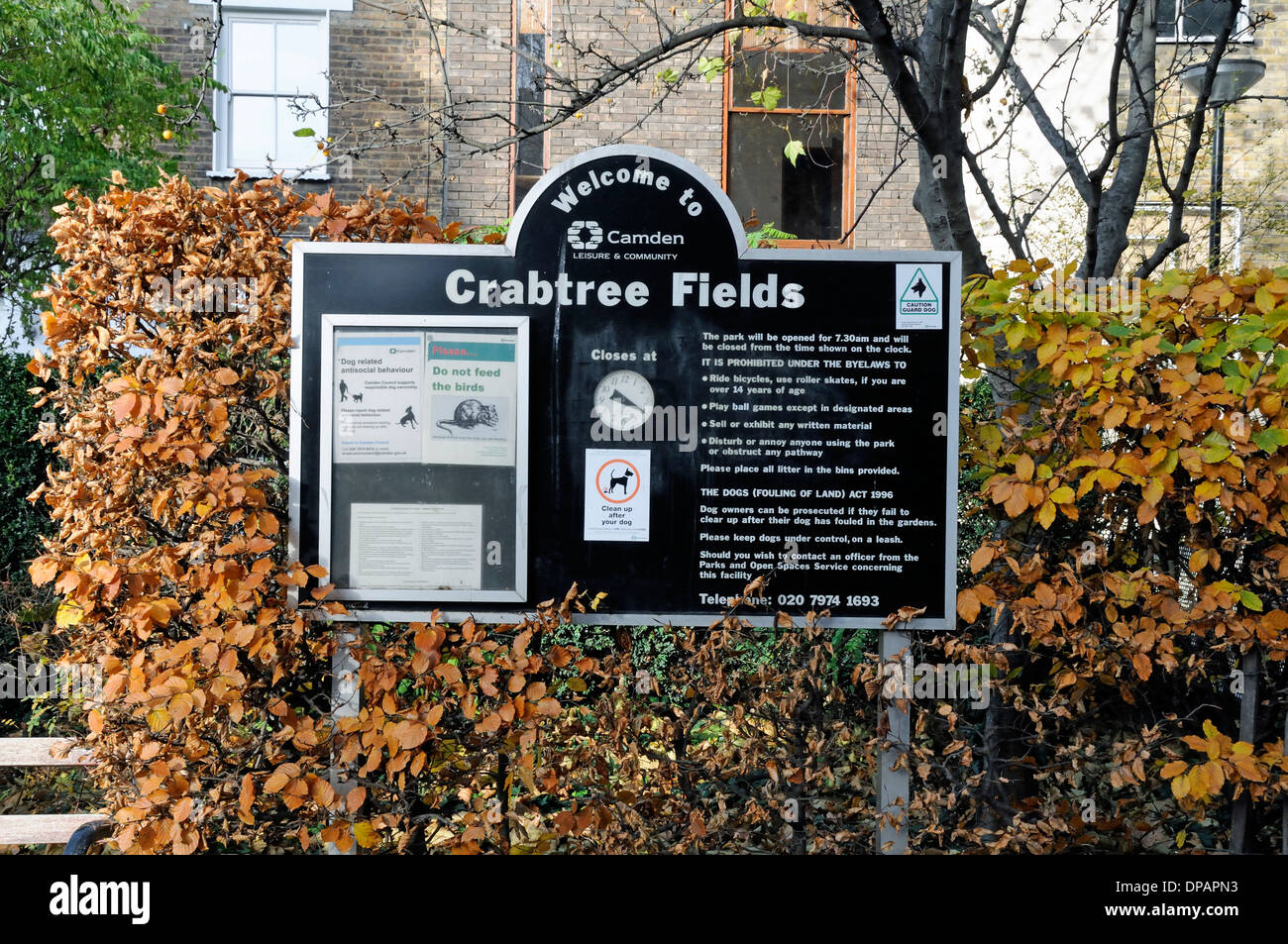 Crabtree Fields sign or notice board, park in Bloomsbury, London ...