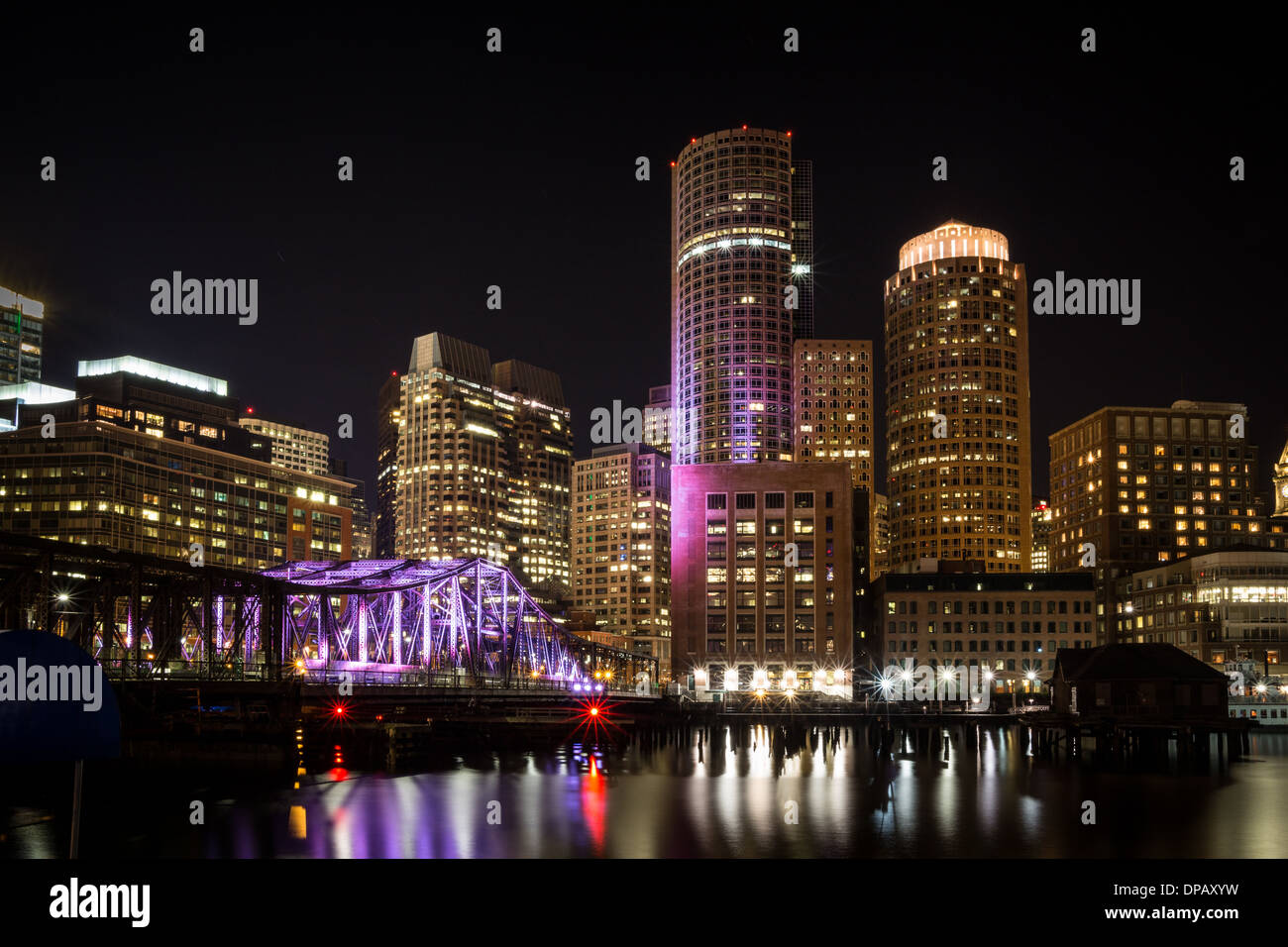 The skyline of Boston at night, from the Waterfront. Classic shot Stock ...