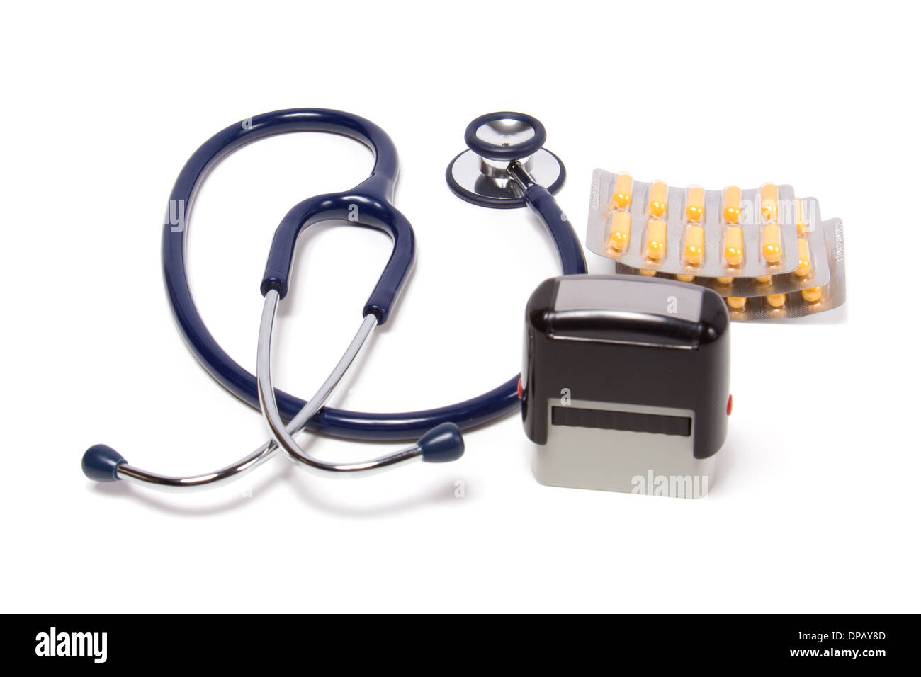 stethoscope, tablets and doctor seal isolated on white background Stock ...