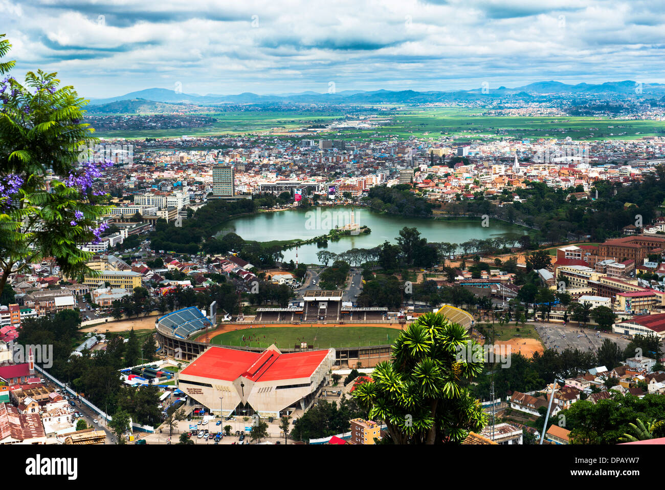 A view of Antananarivo, capital of Madagascar. Lake Anosy and the Stock ...
