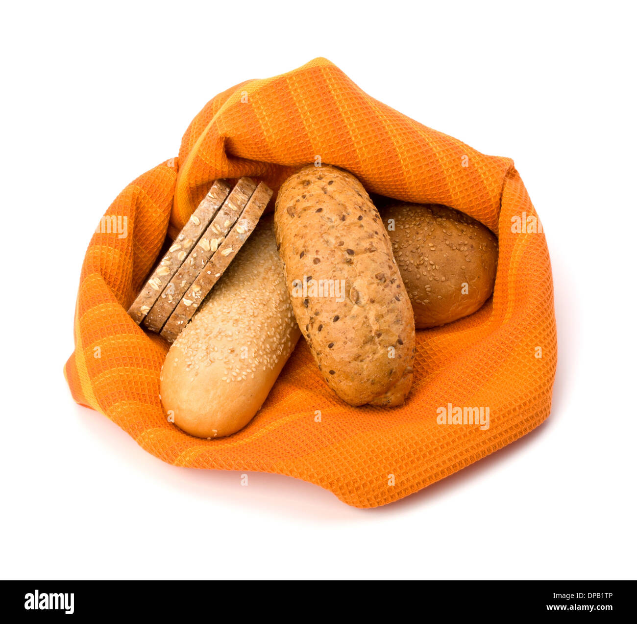 Fresh warm bread over kitchen towel isolated on white background Stock ...