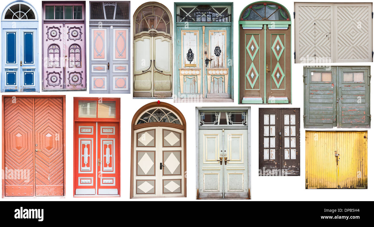 Set of several different colorful old style front doors Stock Photo - Alamy