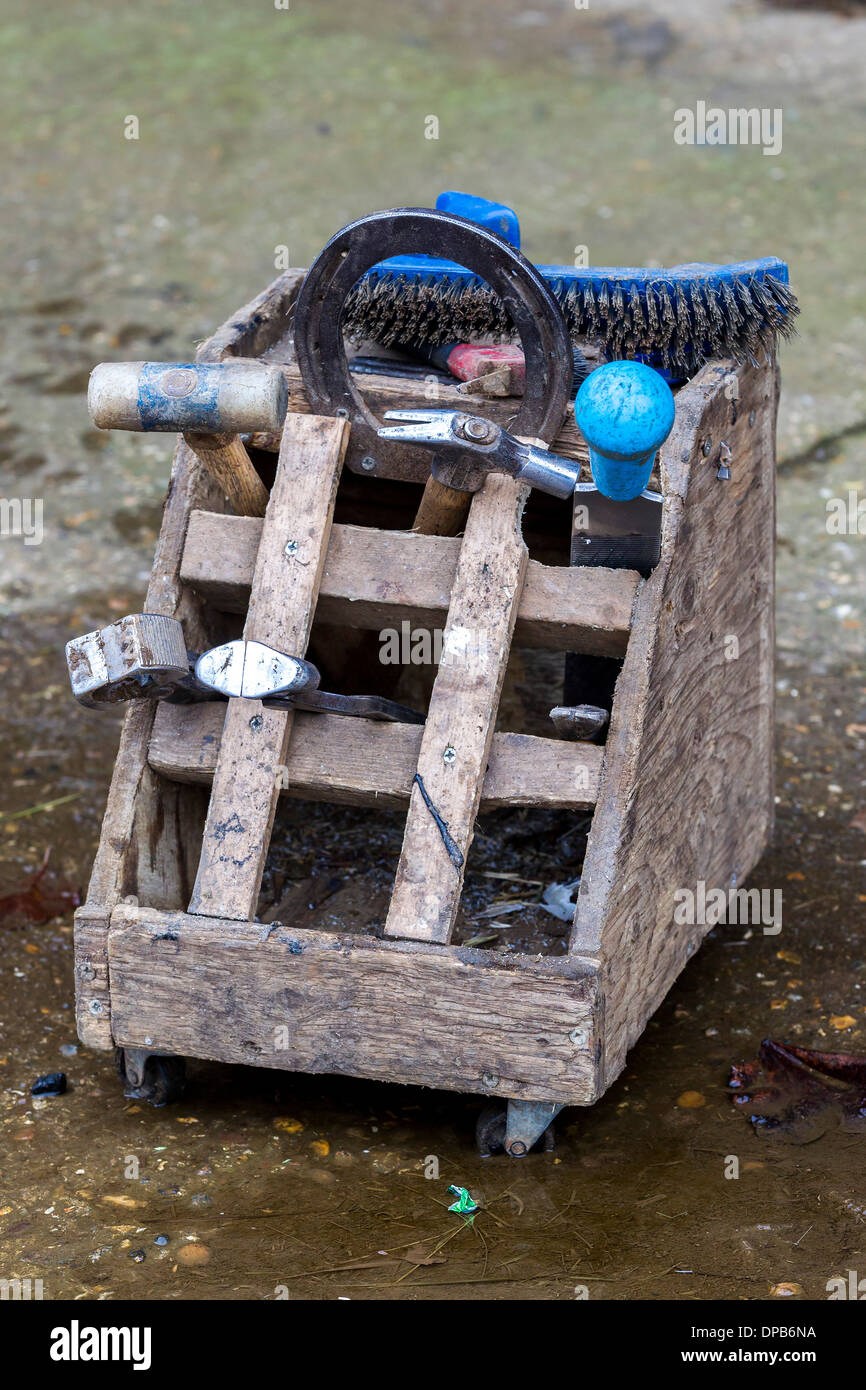 Farriers tools in a wooden box Stock Photo - Alamy