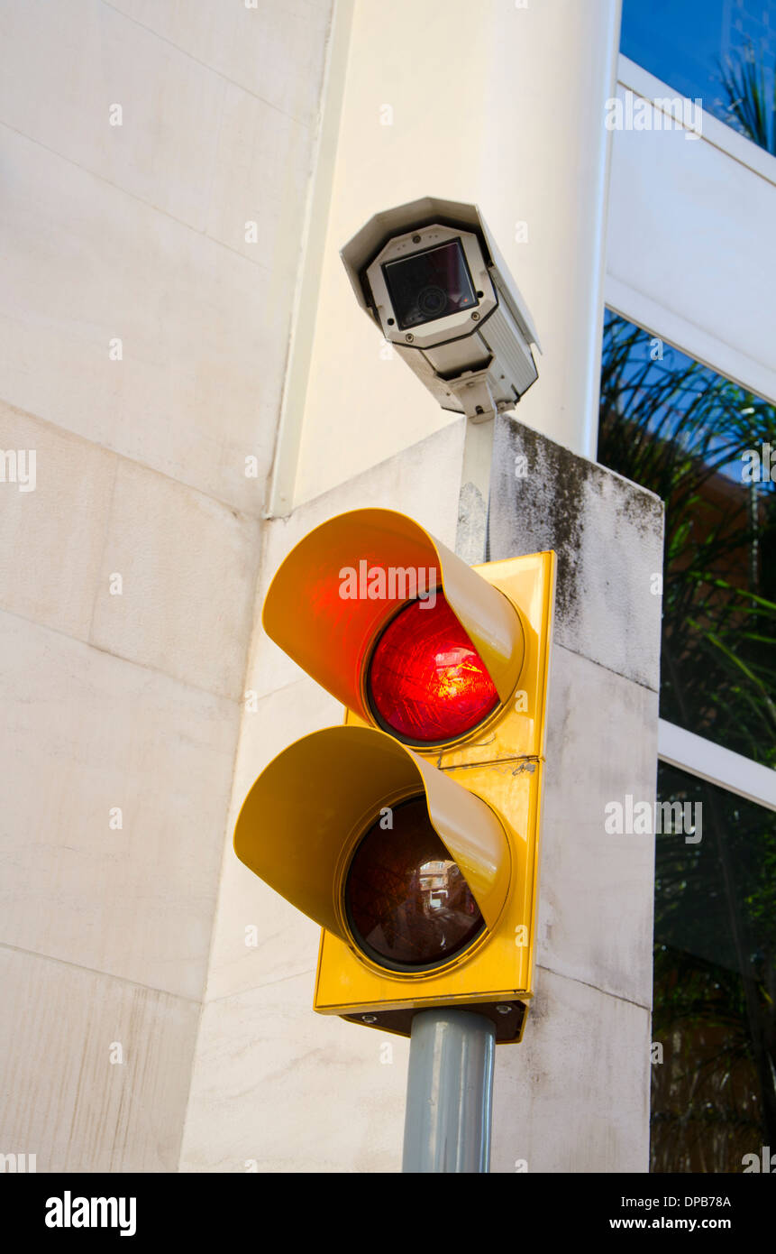Traffic light on red with Camera Vigilance System on top. Spain Stock ...