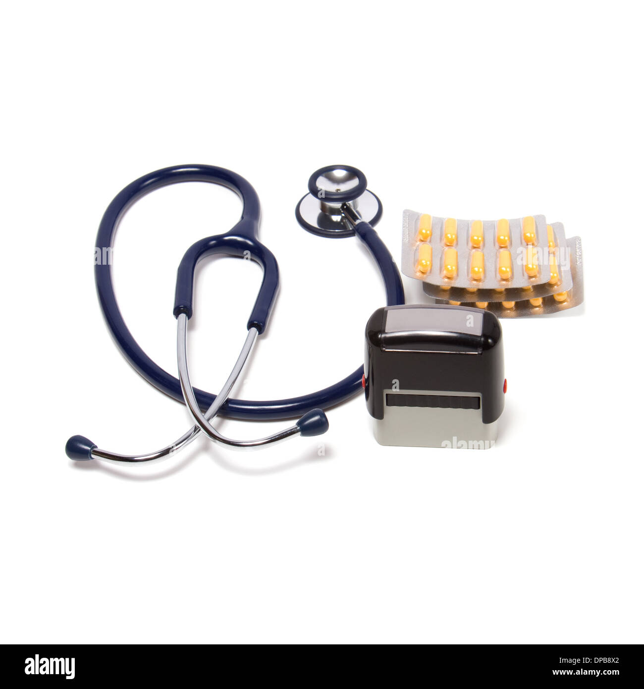 stethoscope, tablets and doctor seal isolated on white background Stock ...