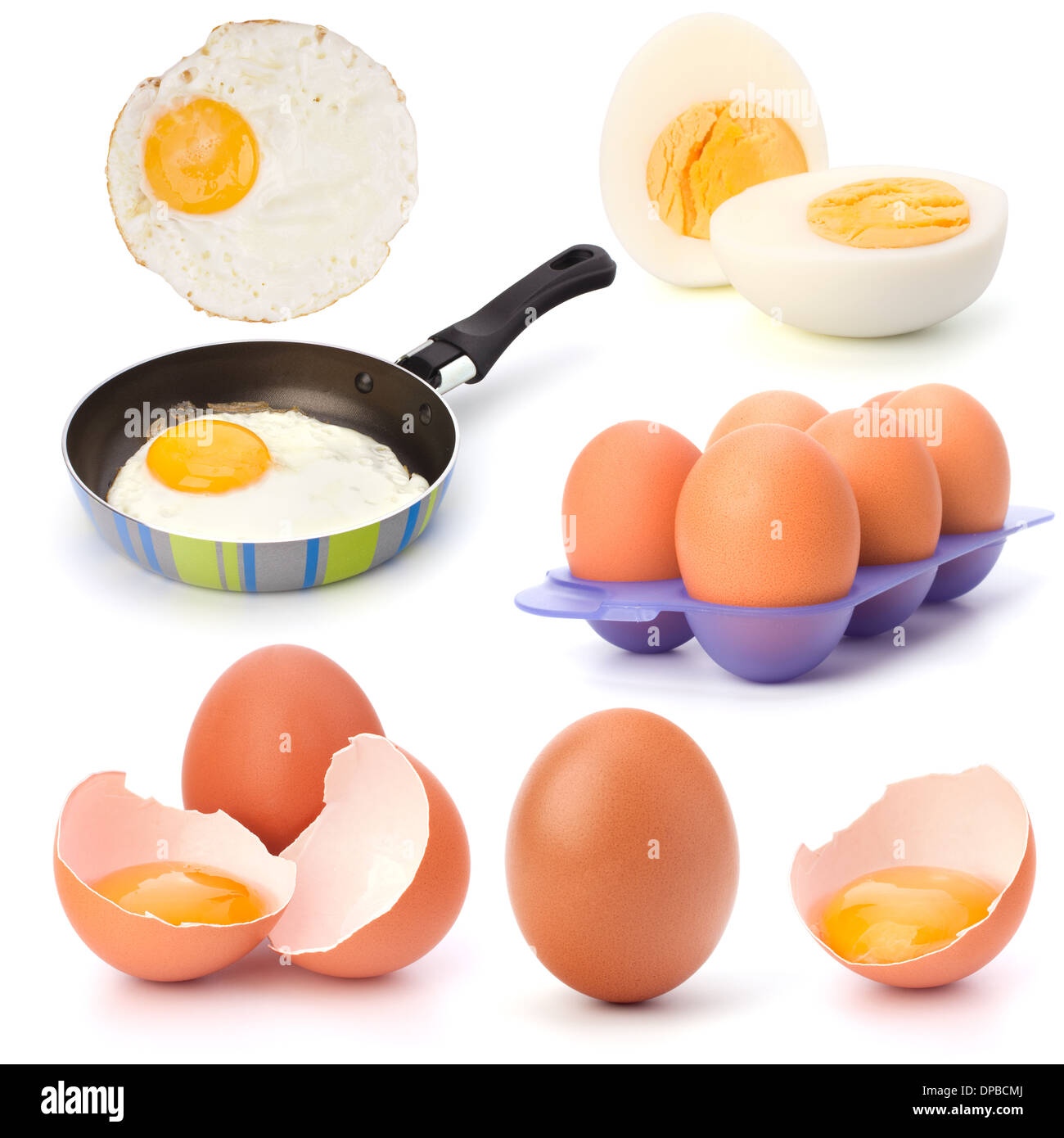 Raw, boiled and fried eggs isolated on white background cutout Stock ...