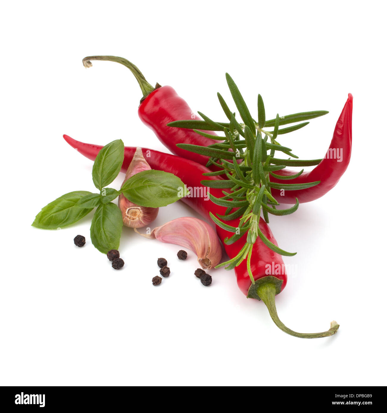 Chili pepper and flavoring herbs isolated on white background Stock ...