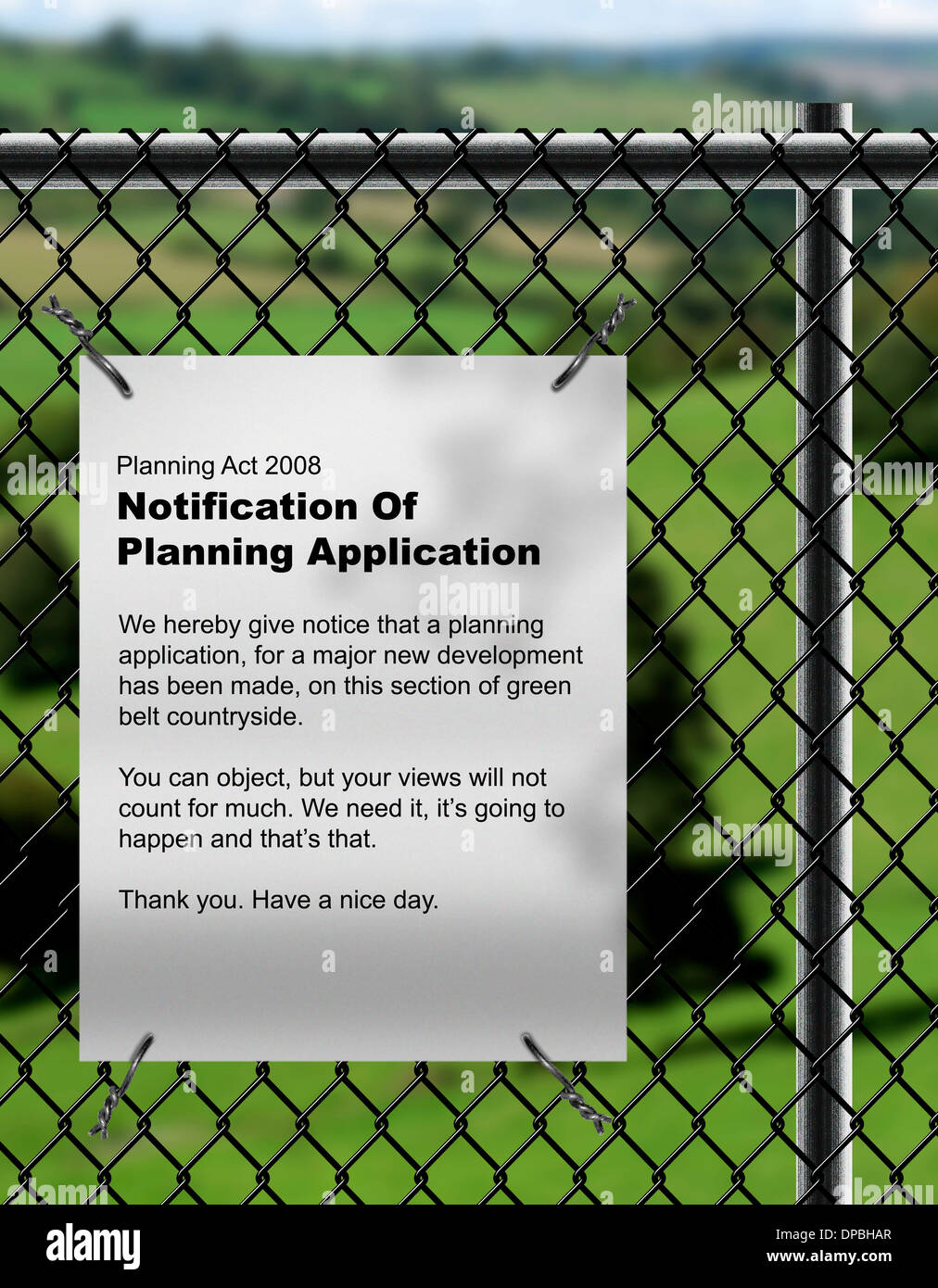 Notification Of Planning Application notice, fixed on wire fencing on ...