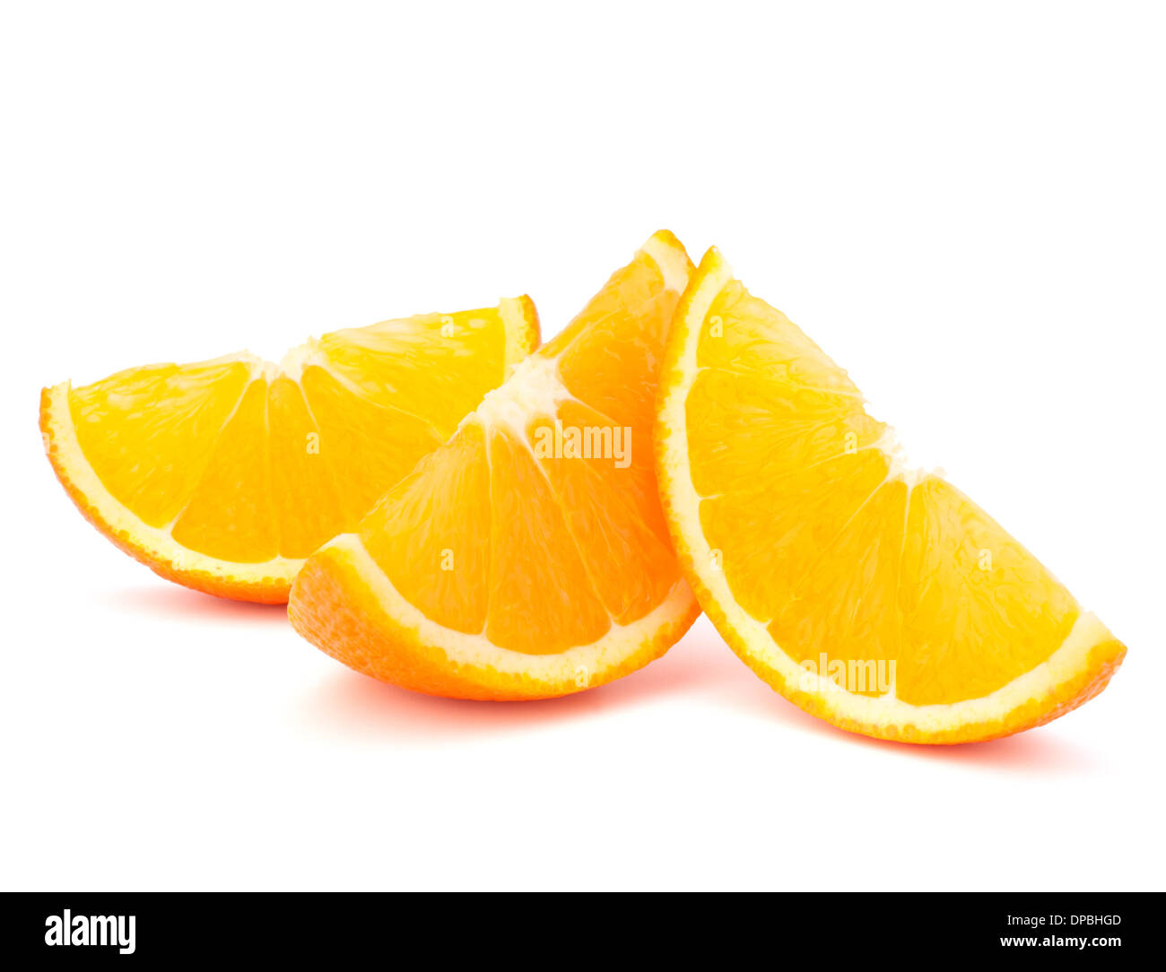 Three orange fruit segments or cantles isolated on white background ...
