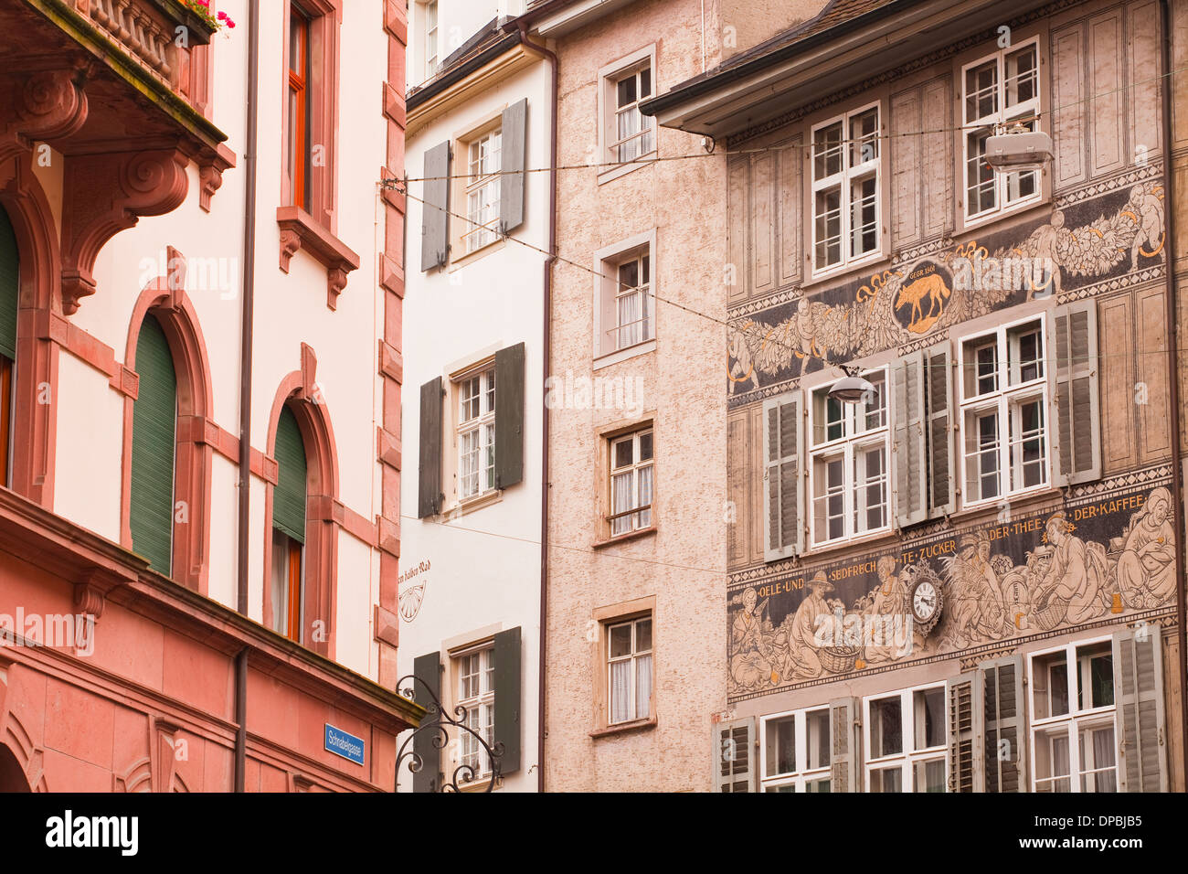 Painted building facades in the city of Basel in Switzerland Stock ...