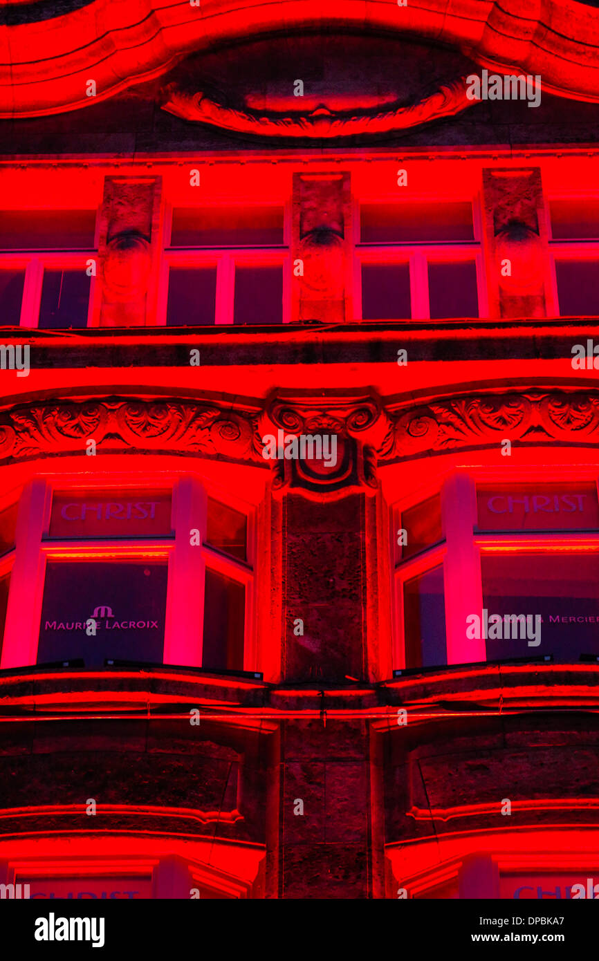 Colored lighted house in Munich Neuhauser Strasse, shopping street ...