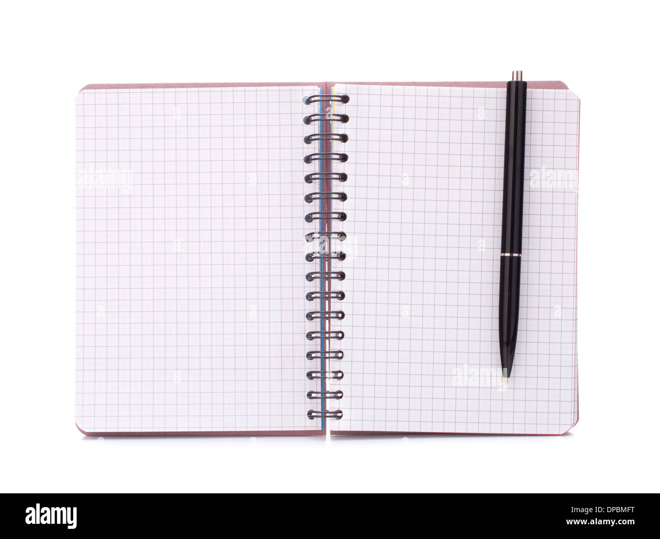 Open blank checked notebook with black pen isolated on white background ...