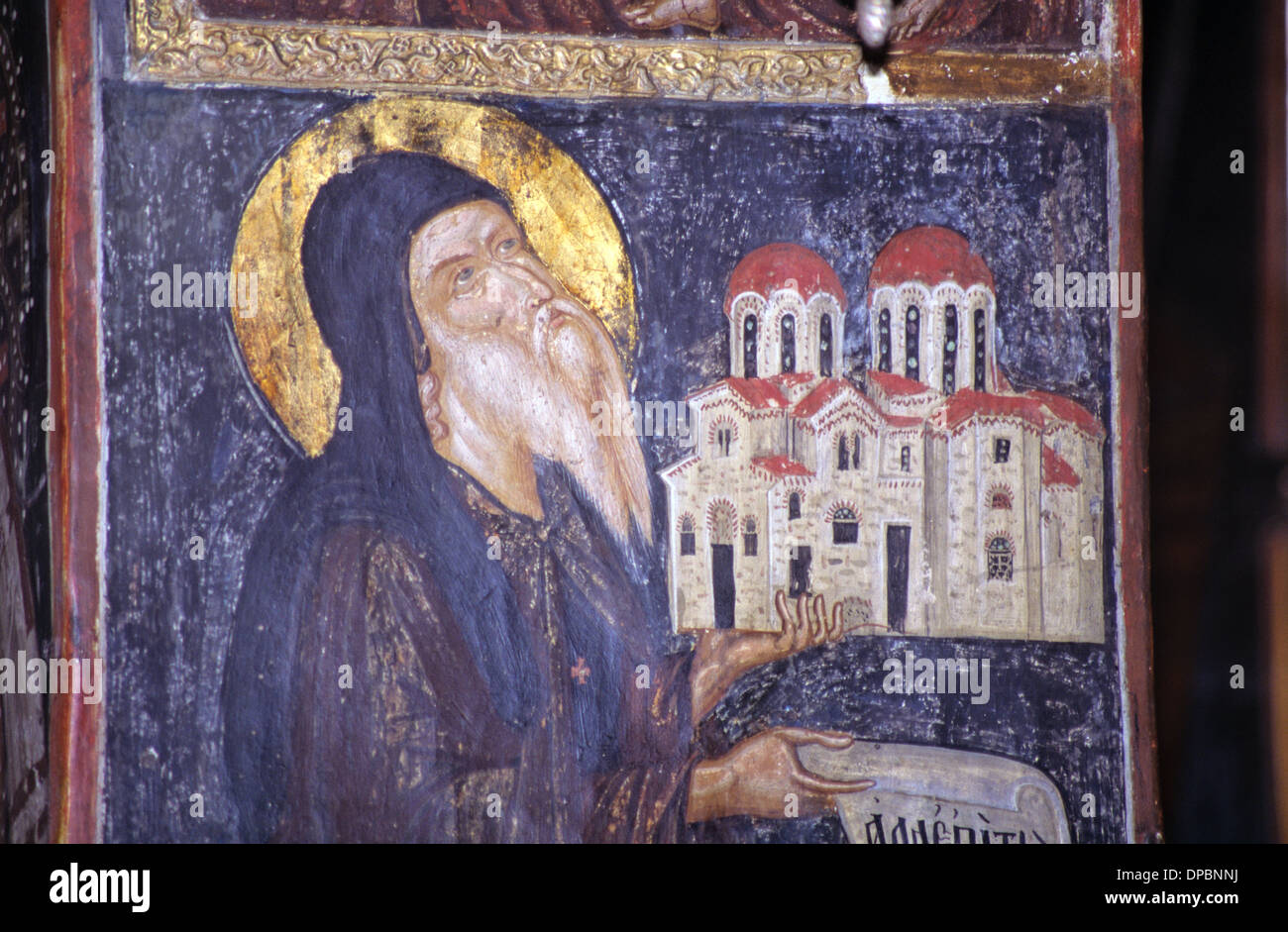 Fresco of Greek Monk Barlaam or Varlaam Offering Model of Church to God ...