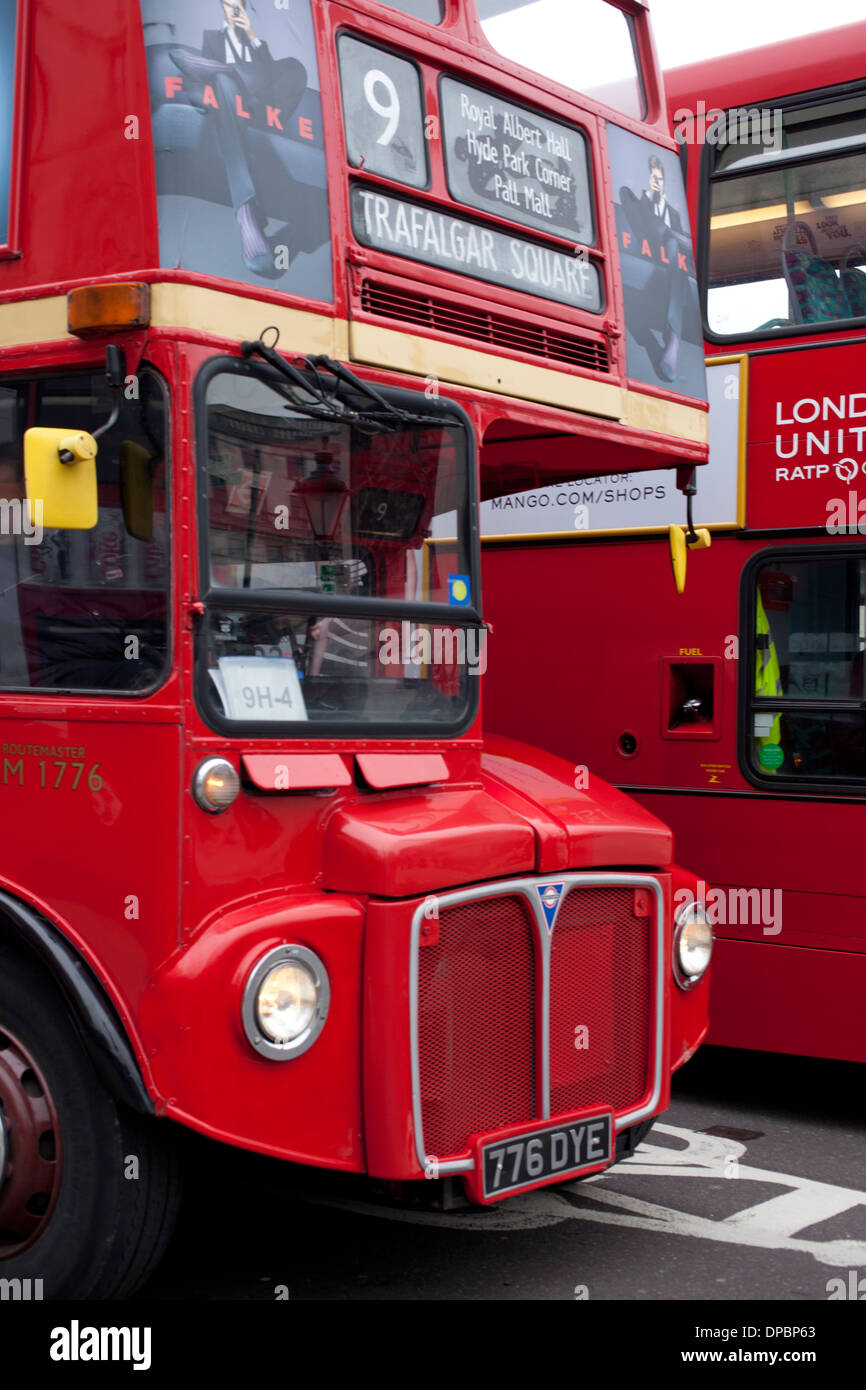 Old red double decker bus front, Trafalgar Square, London, Uk Stock ...