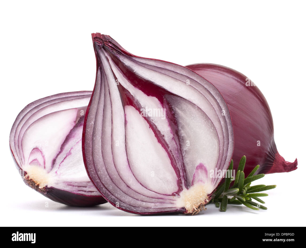 red onion and rosemary leaves still life isolated on white background ...