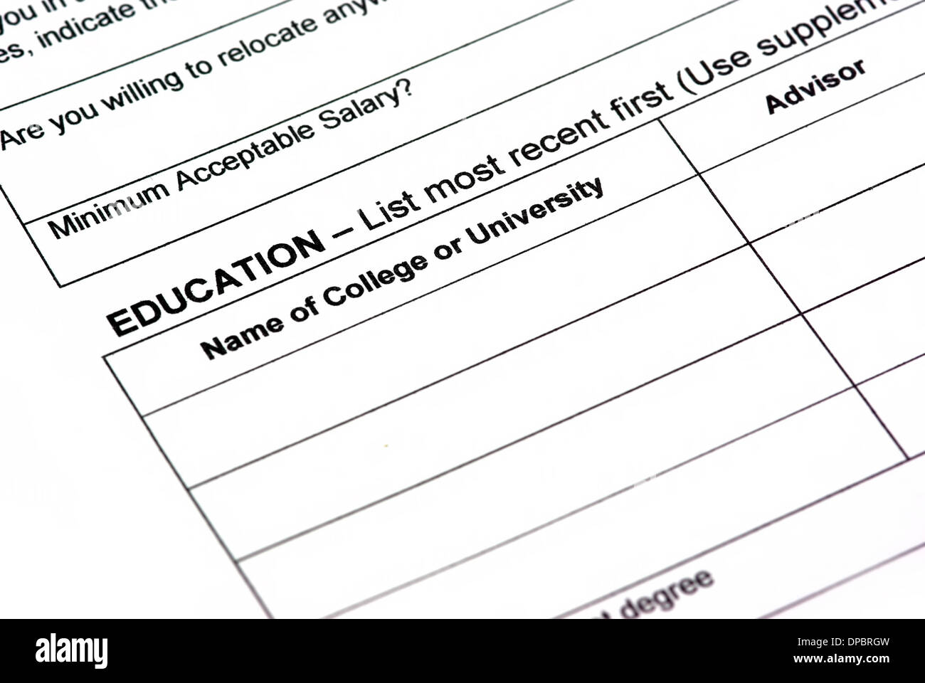 List of studies on a empty application form Stock Photo - Alamy