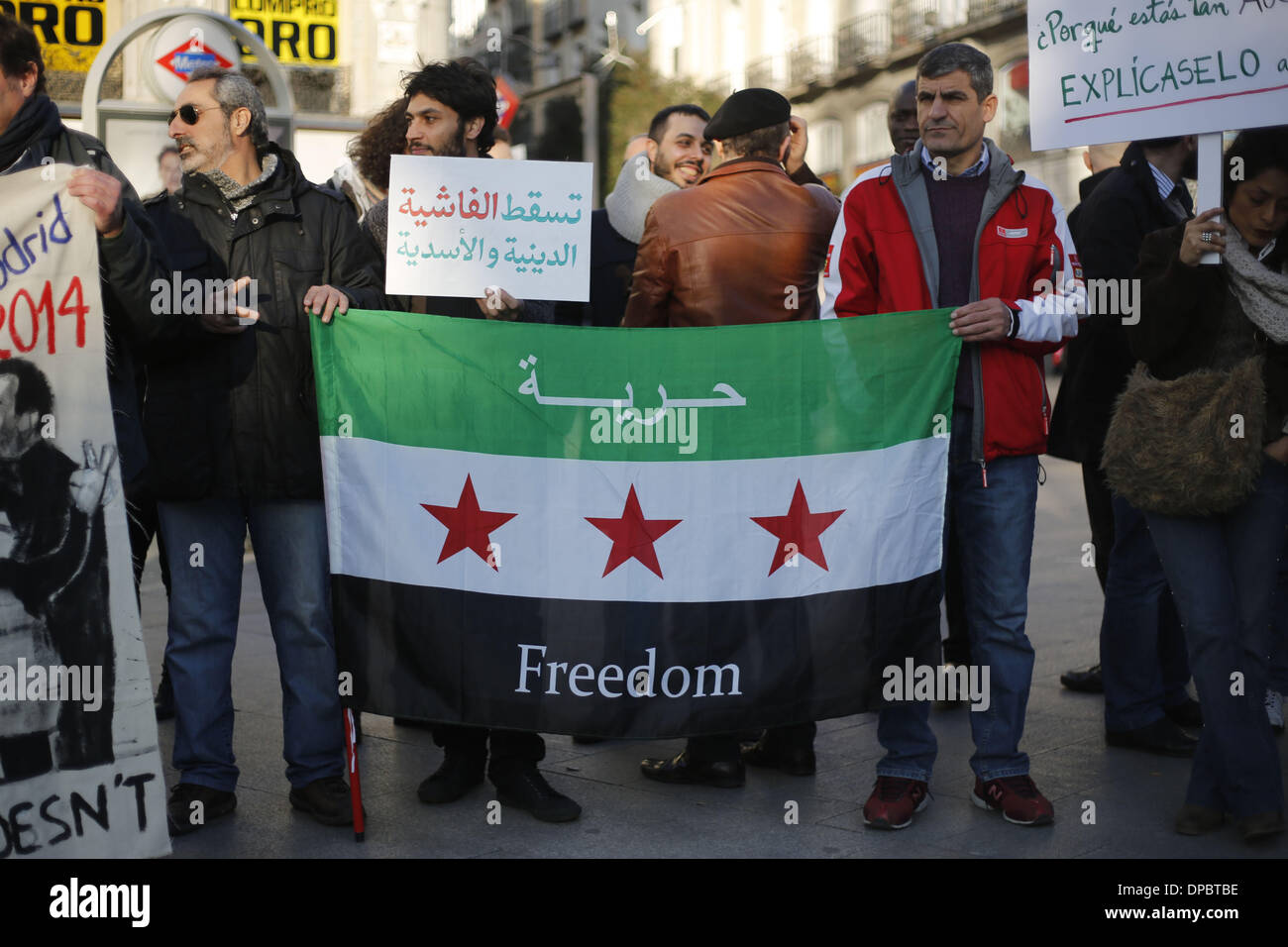 Madrid, Spain. 11th Jan, 2014. Protestors display the independent flag ...