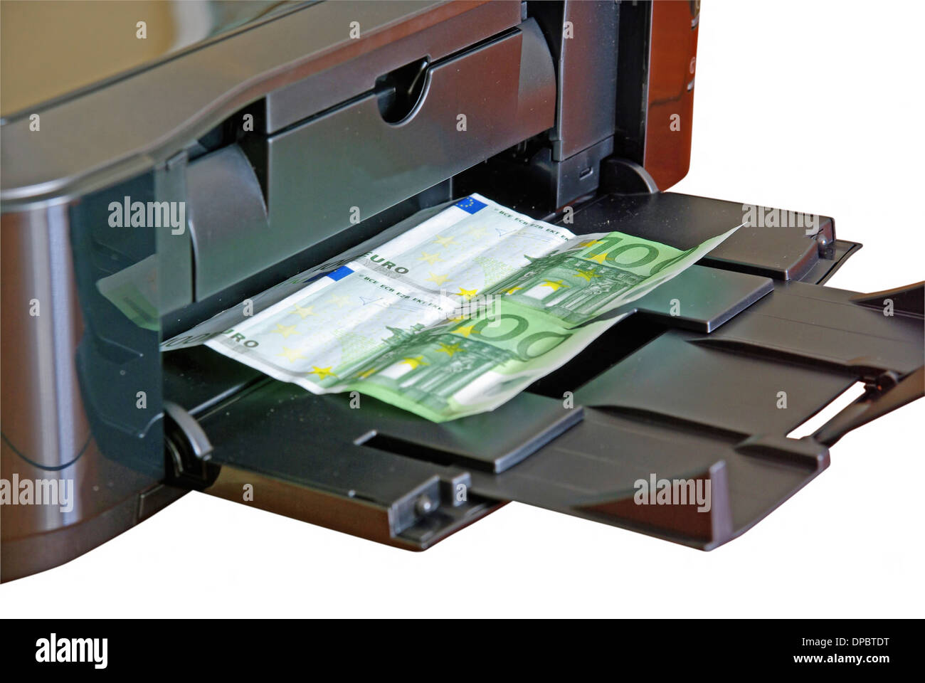 Printing money (Euro banknote) on a white background Stock Photo - Alamy