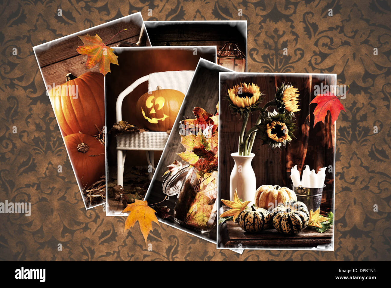 Vintage autumn postcards on a dark damask background Stock Photo - Alamy