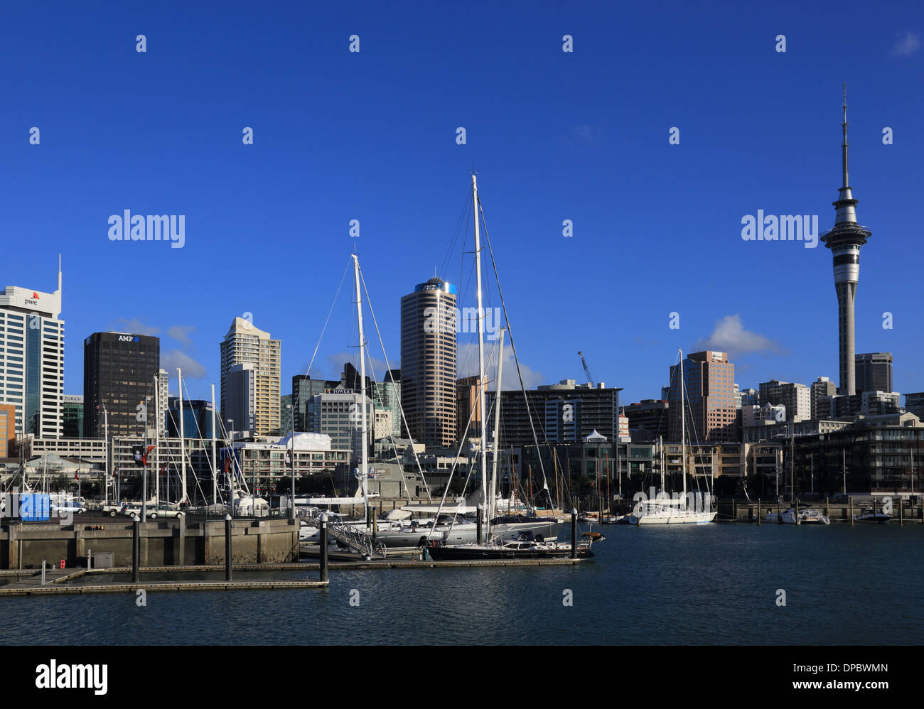 Sky Tower, Sky City and Auckland skyline over Viaduct Basin, Auckland ...