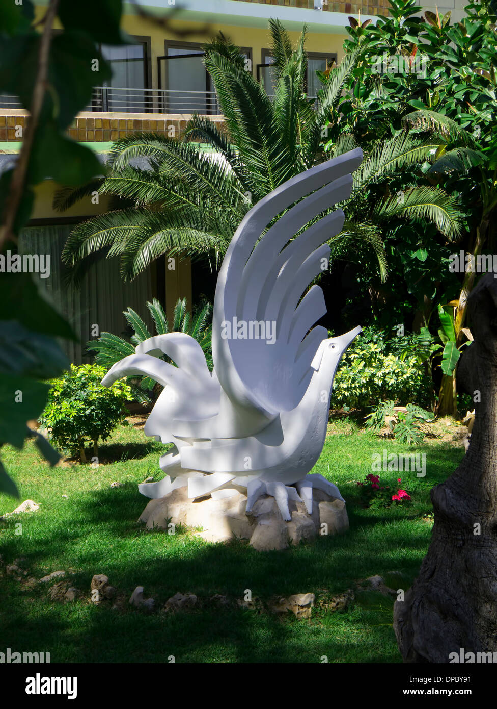 Sculpture of a white bird in Palma Nova Hotel garden in Majorca Spain ...