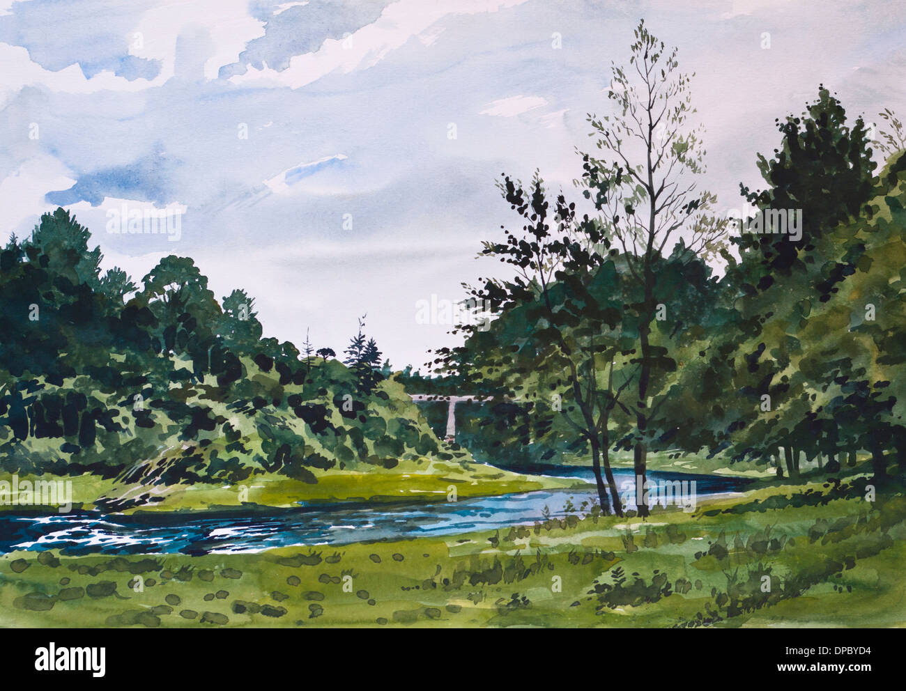 River Flowing Through a Forest watercolour painting Stock Photo - Alamy