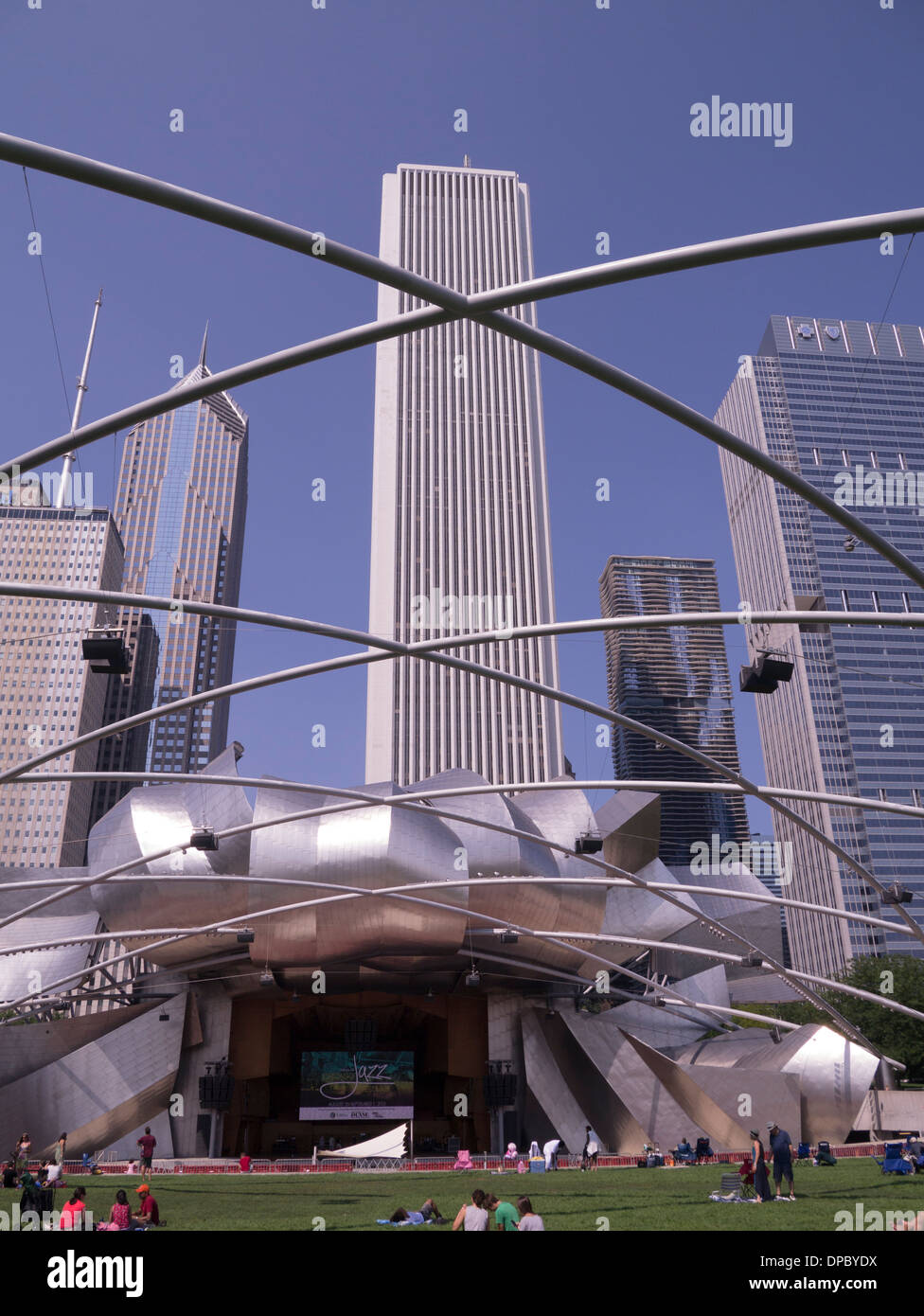 The Jay Pritzker Pavilion in Millennium Park, Chicago Illinois. The Aon ...