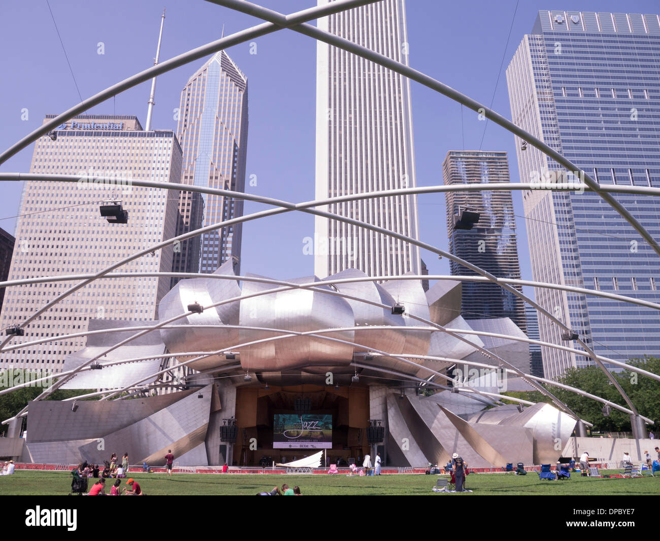 The Jay Pritzker Pavilion in Millennium Park, Chicago Illinois. The Aon ...