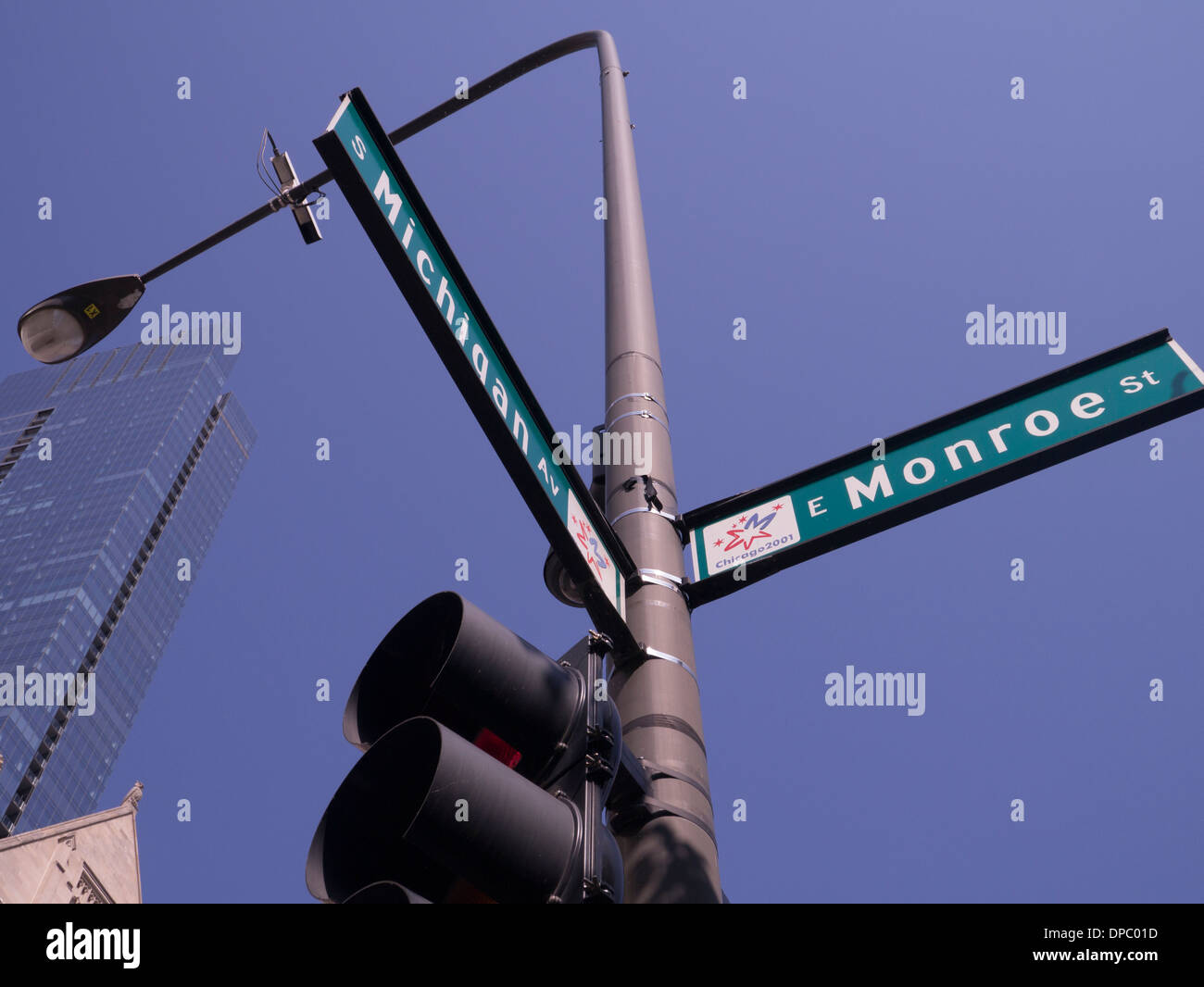 Chicago street sign on the corner of Michigan Avenue and Monroe Street ...