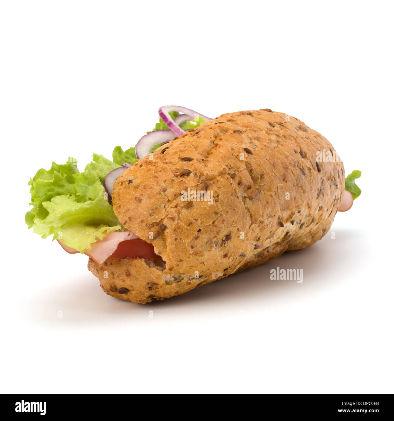 Big appetizing fast food baguette sandwich with lettuce, tomato, smoked ...