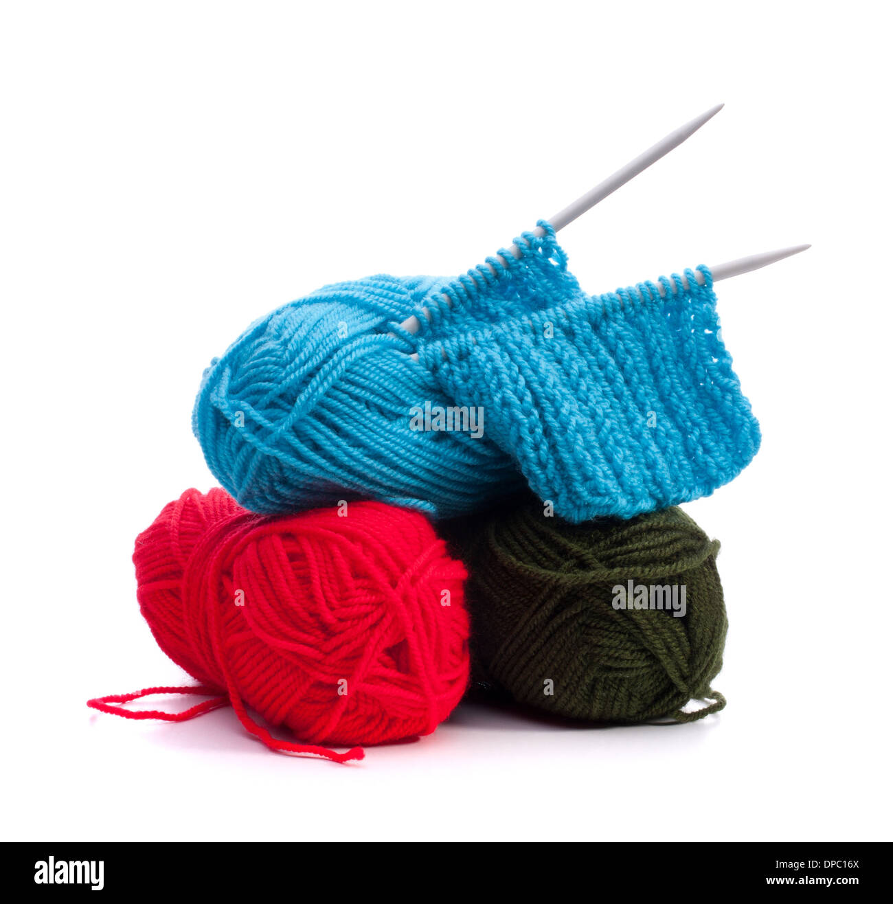 Woollen thread and knitting needle. Needlework accessories isolated on ...