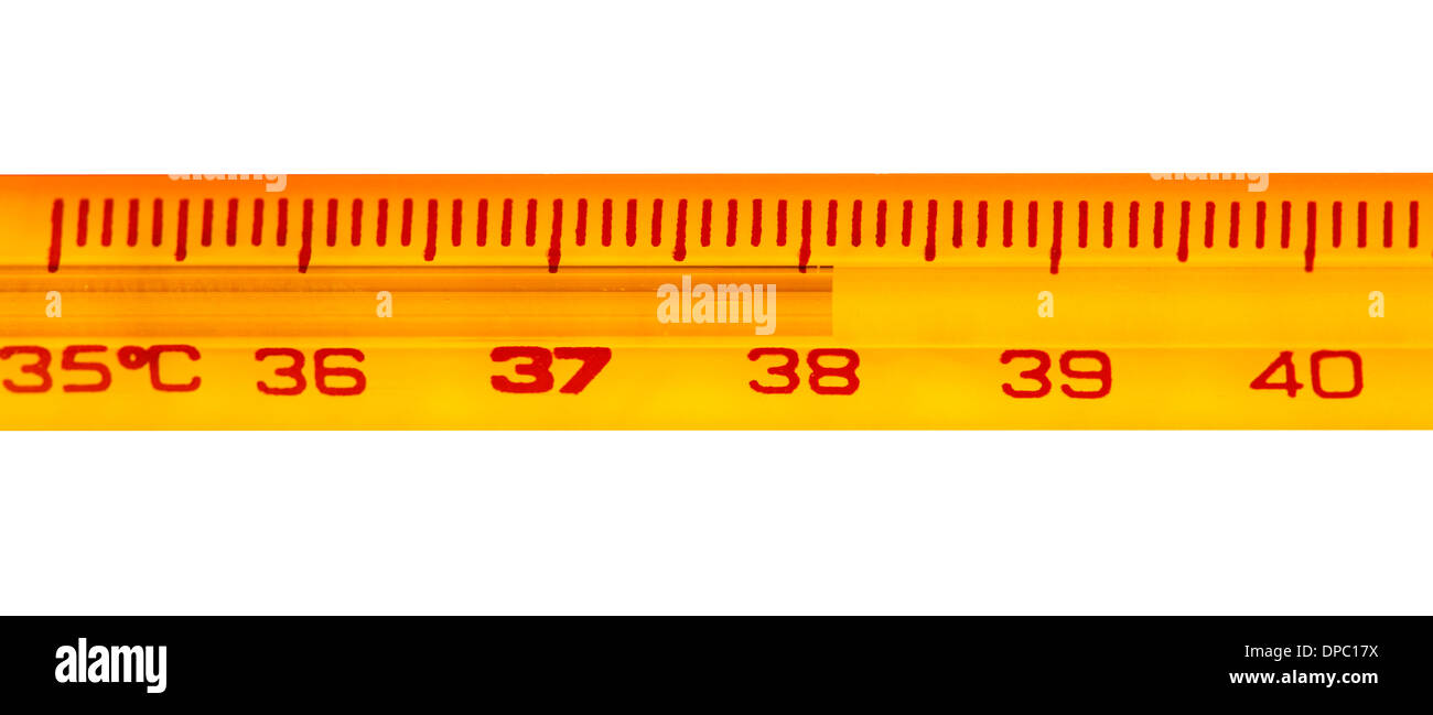 Mercury thermometer with temperatures exceeding 38 degrees celsius ...