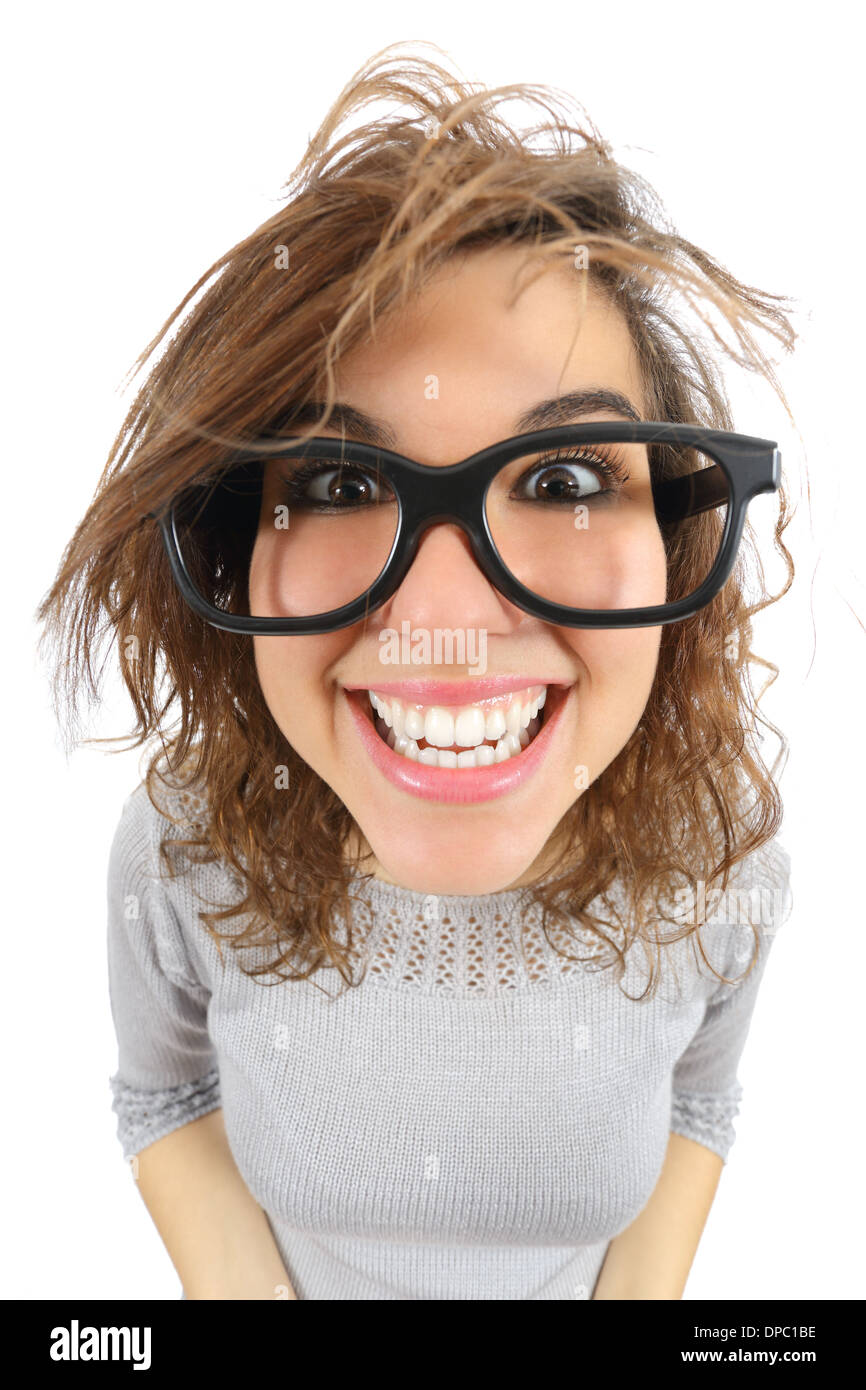 Wide angle view of a geek woman with glasses smiling isolated on a ...