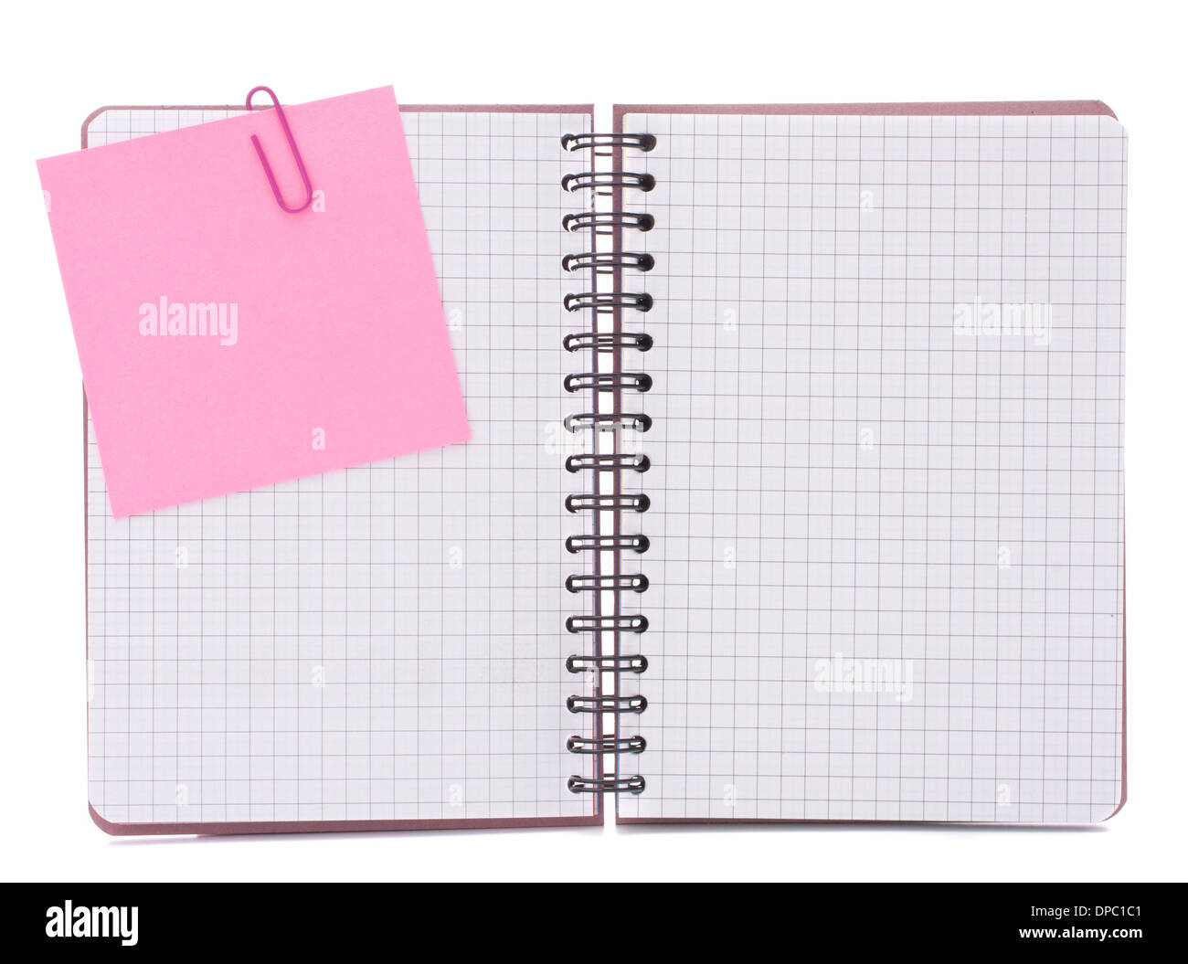 Blank checked notebook with notice paper isolated on white background ...