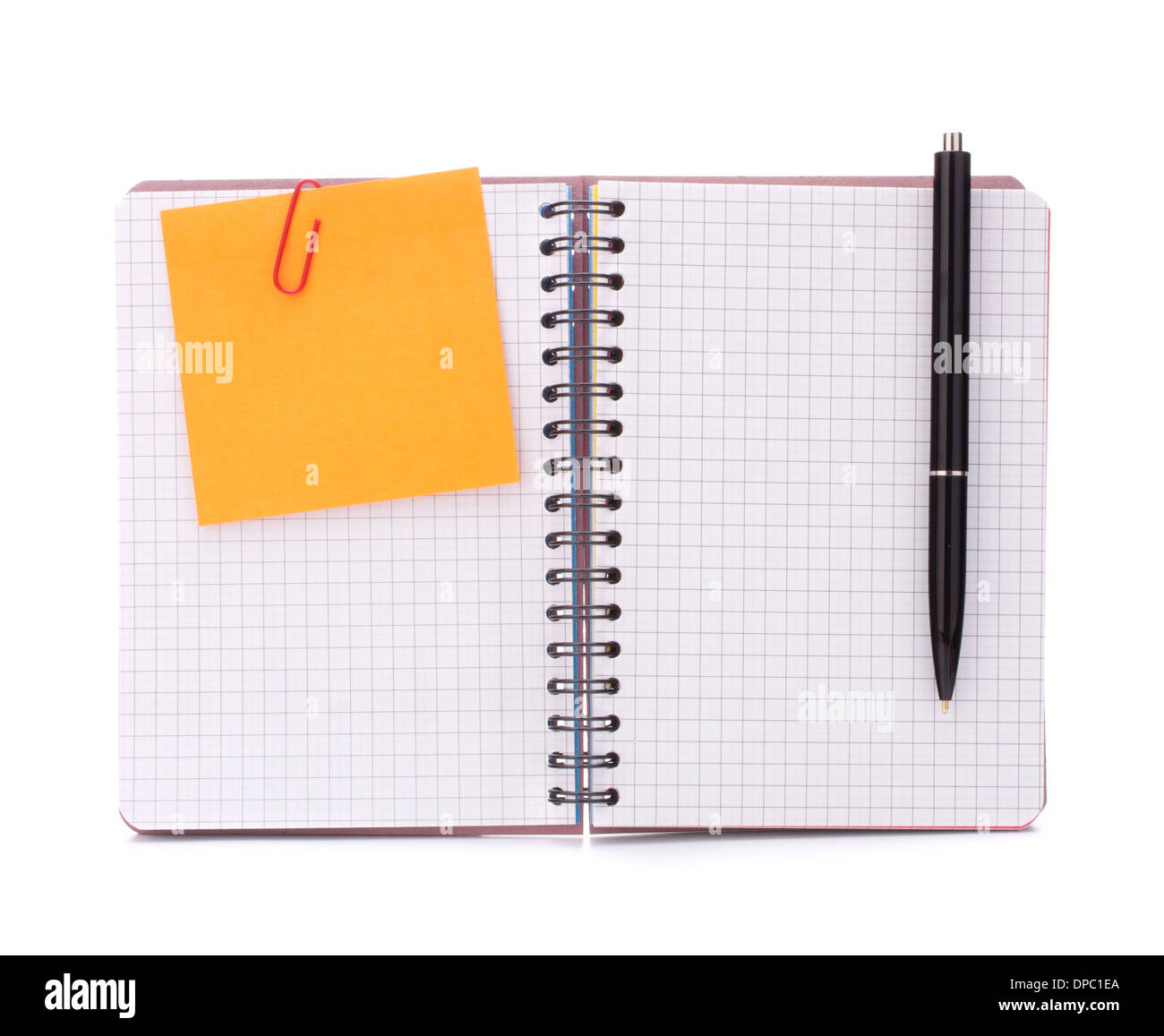 Blank checked notebook with notice paper isolated on white background ...