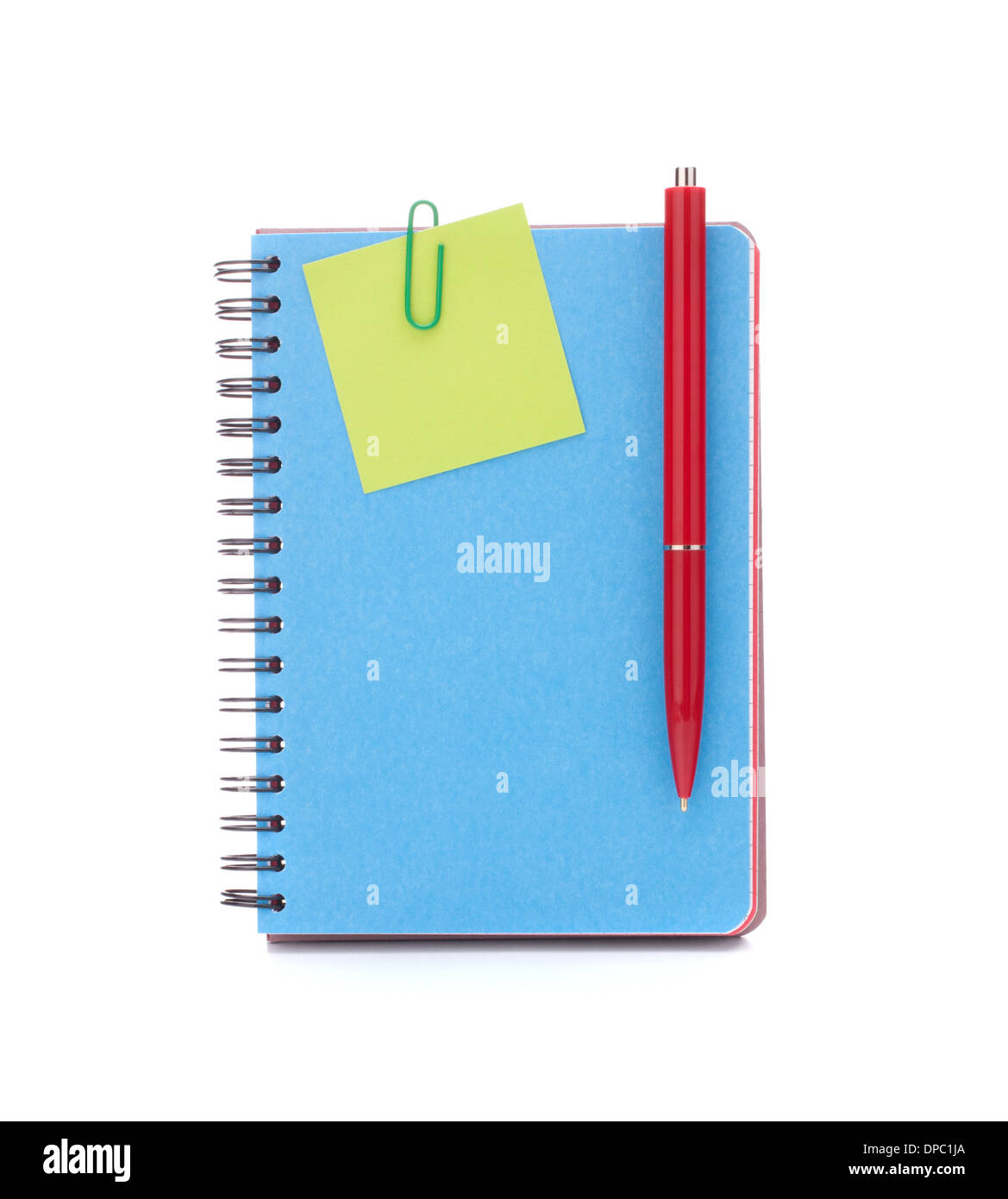 Blue notebook with notice papers and pen isolated on white background ...