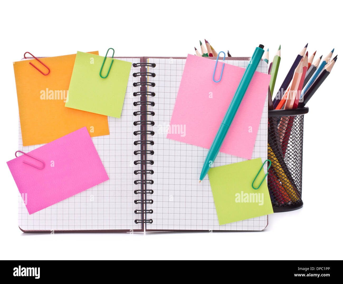Blank checked notebook with notice papers isolated on white background ...