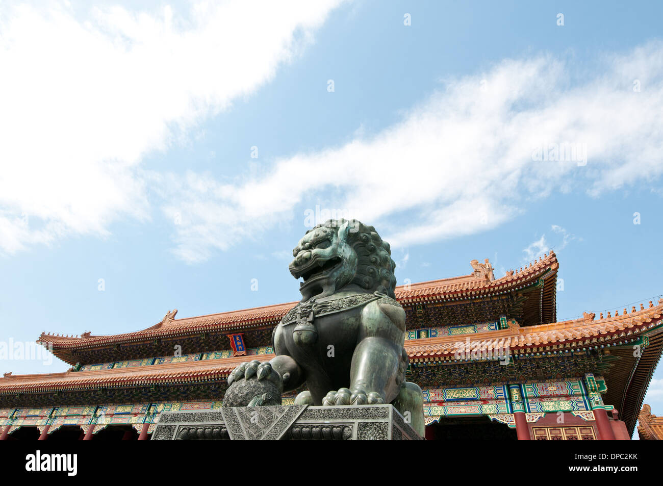 lion statue in front of Gate of Supreme Harmony in Forbidden City ...