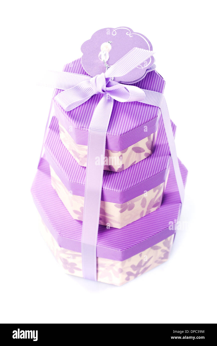 Purple three cute boxes with presents isolated on white Stock Photo - Alamy