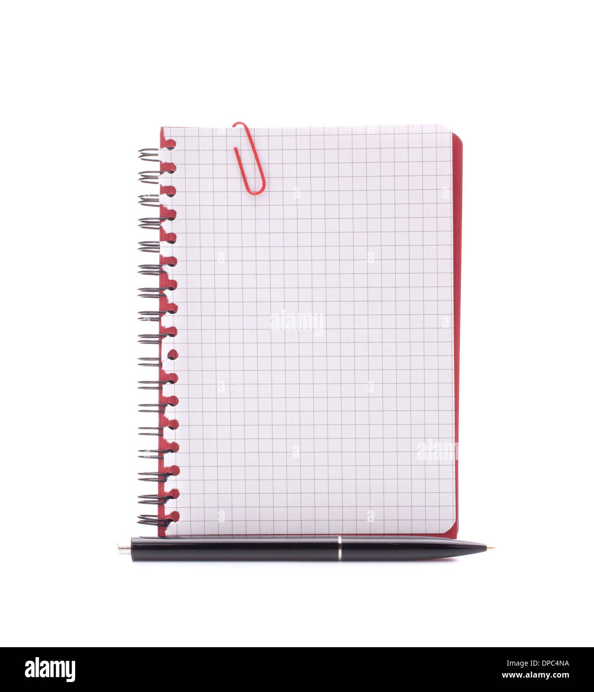 Red notebook with notice paper and pen isolated on white background ...