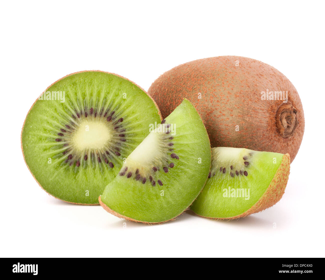 Whole kiwi fruit and his sliced segments isolated on white background ...