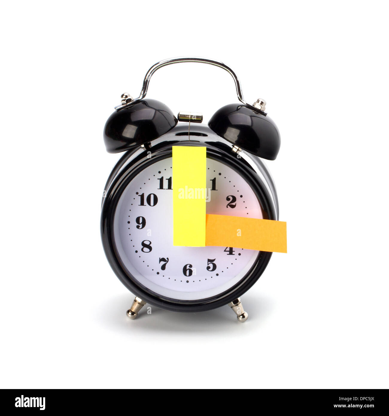 Alarm clock with sticky paper isolated on white background Stock Photo ...