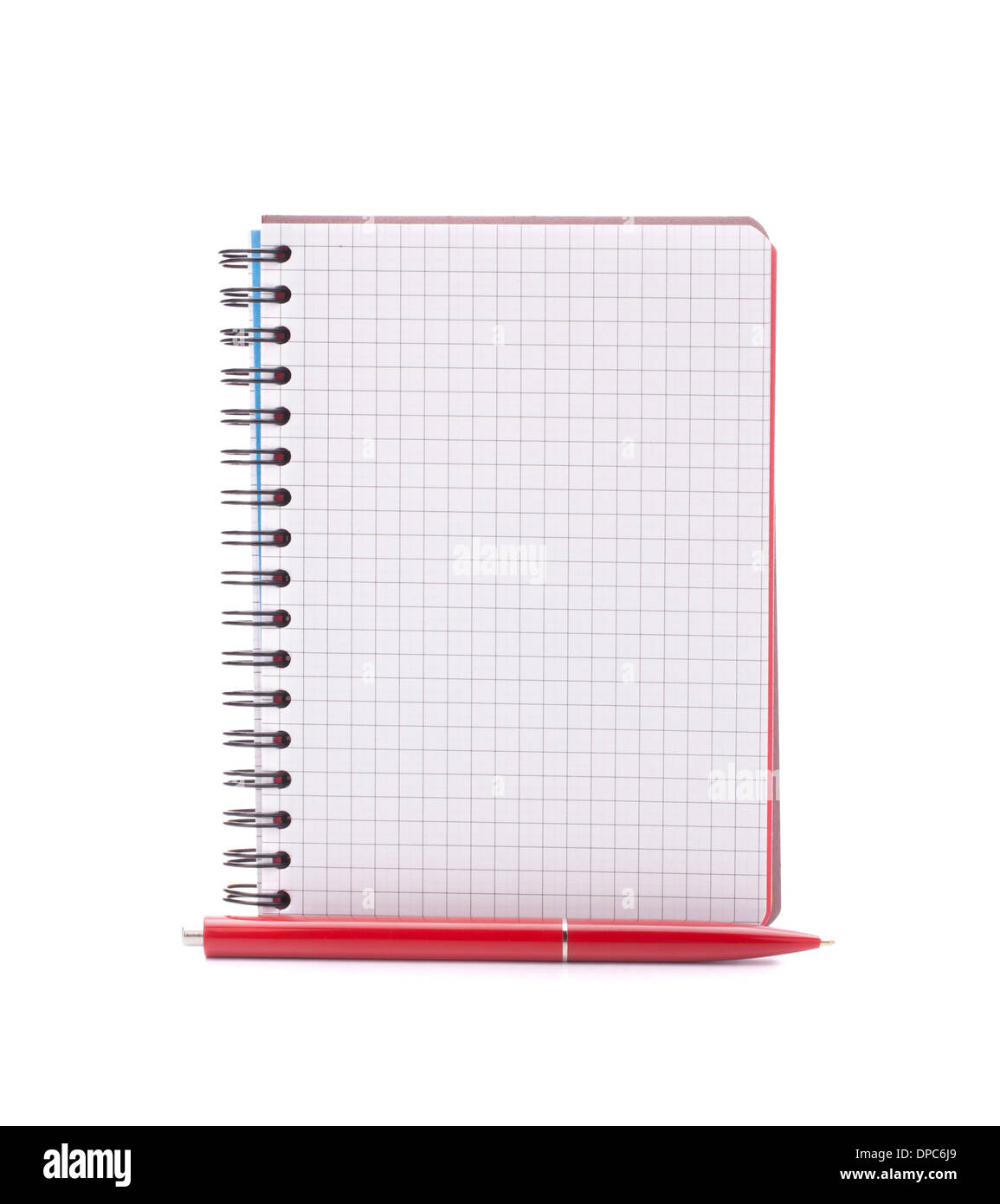 Open blank checked notebook with red pen isolated on white background ...