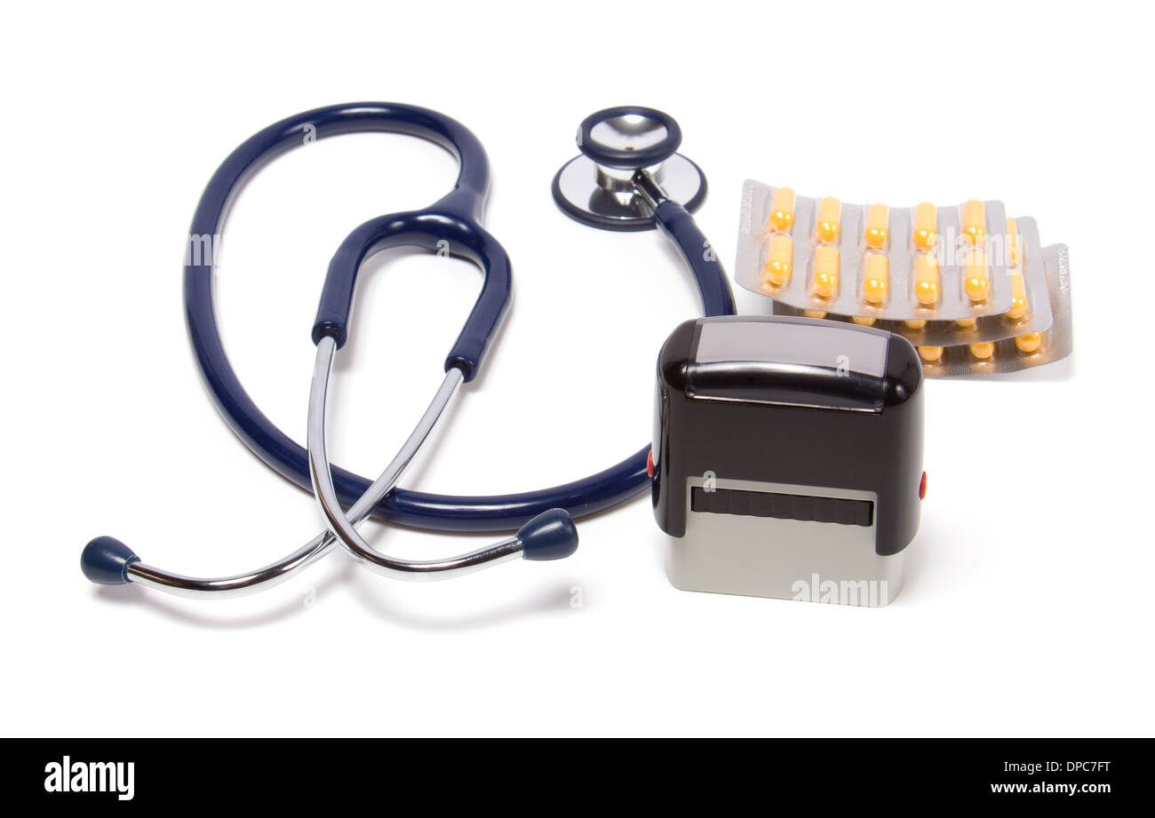 stethoscope, tablets and doctor seal isolated on white background Stock ...